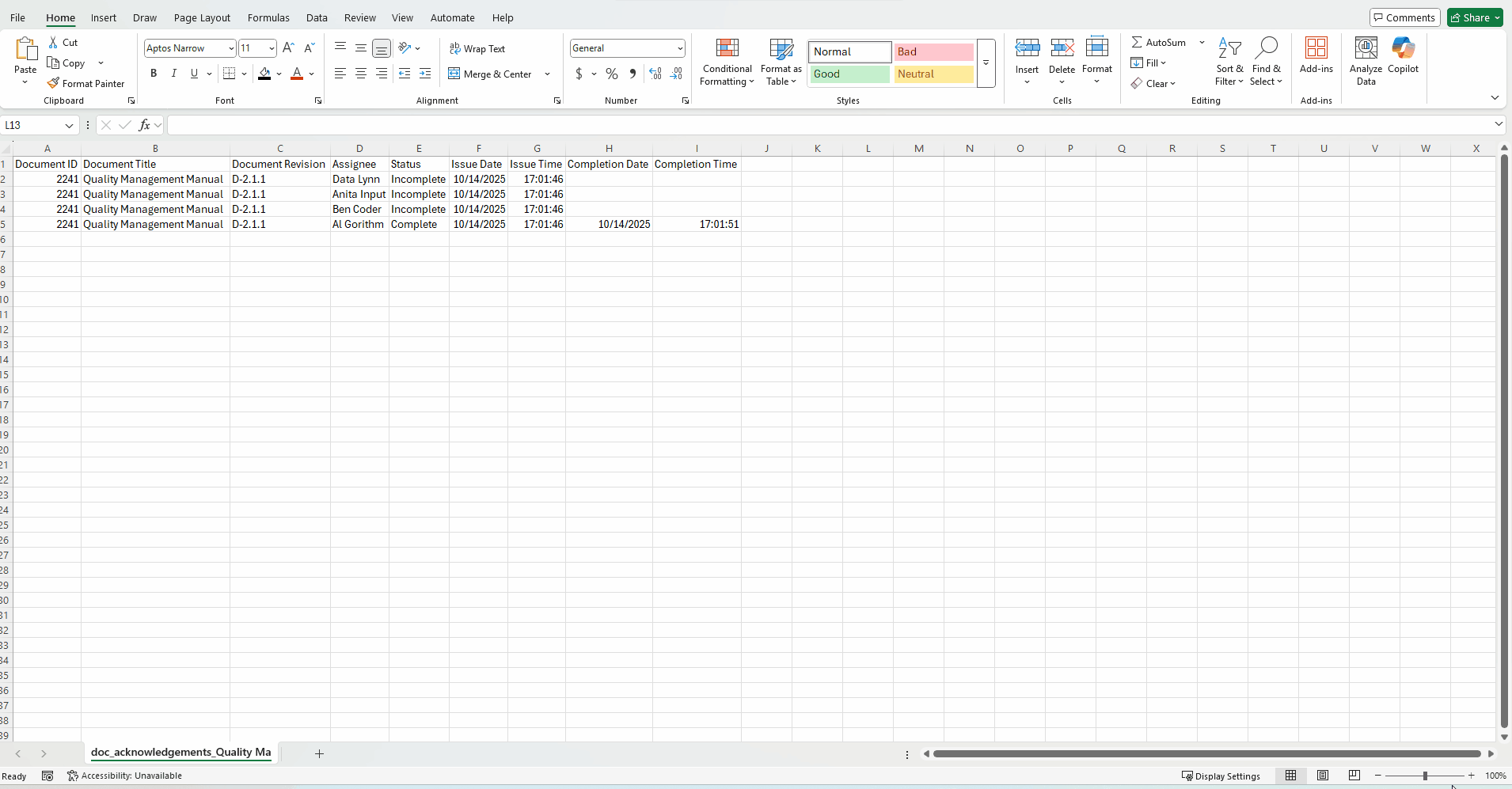 Doc Acknowledgement Export